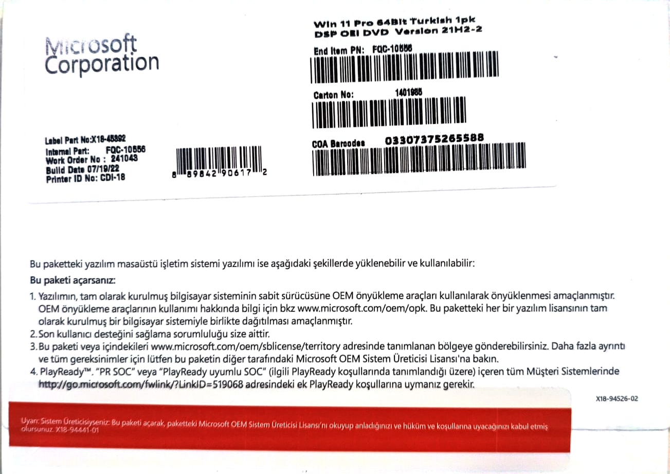 MİCROSOFT WİNDOWS 11 PRO 64BİT TR OEM FQC-10556 ZARF LİSANS